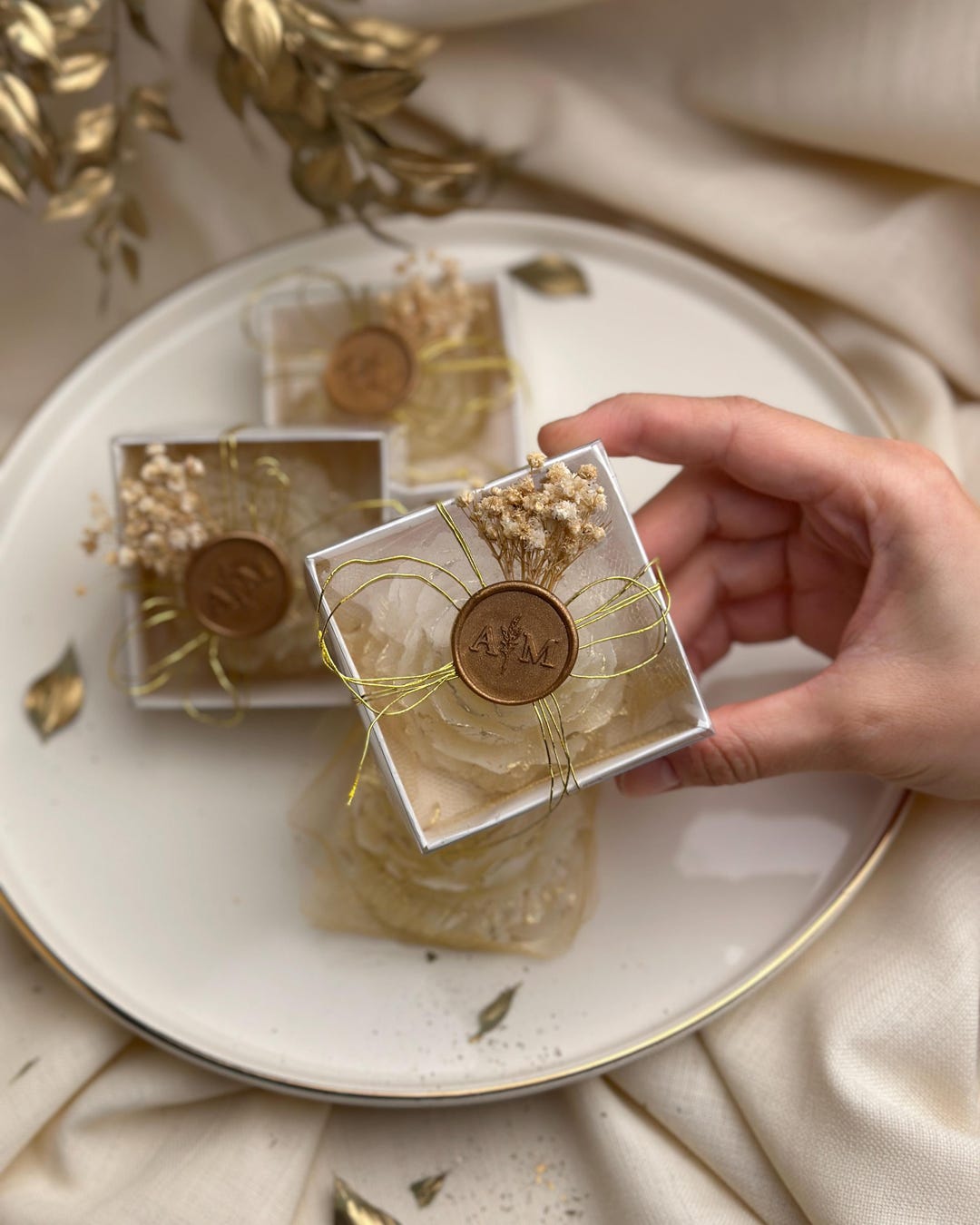 Luxury Boho Wedding Favor Box Floral Candle Wax Seal Gold Detail ...