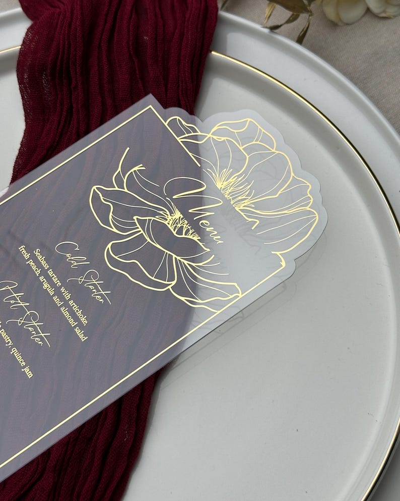 Clear Acrylic Wedding Menu Gold Foil Floral Reception Dinner Menu Card ...
