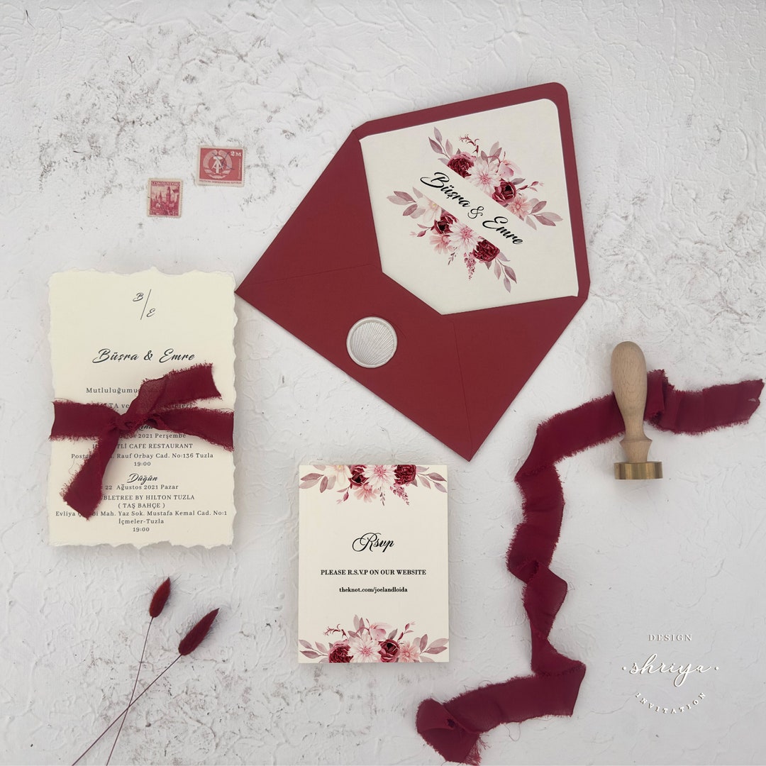 Burgundy and Blush Floral Watercolor Wedding Invitation, Deckled Edge ...