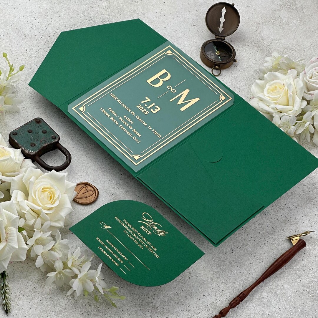 Emerald Green Envelope With Pocket, Wedding Invitation With Gold Foil ...