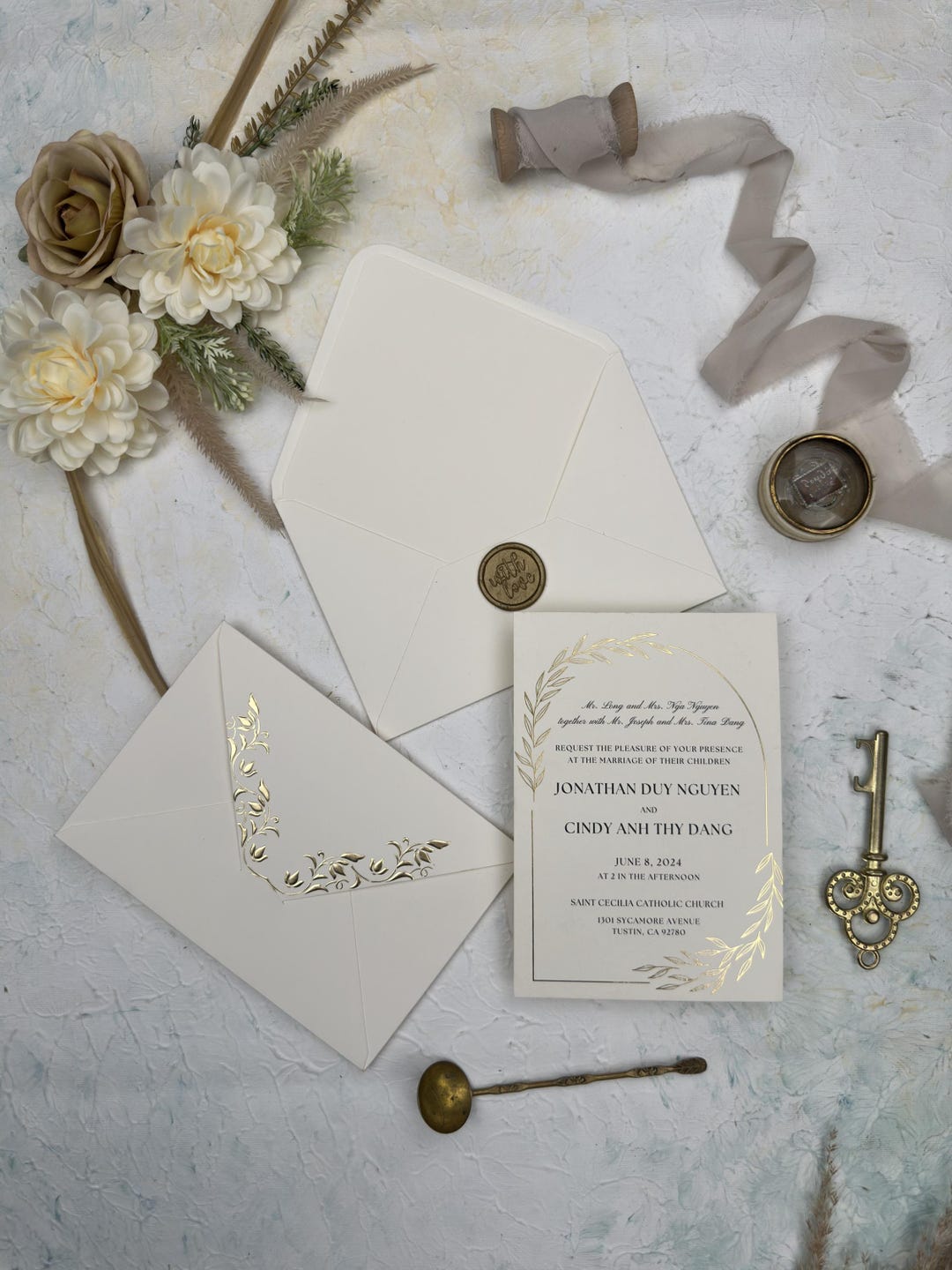 Elegant Gold Foil Wedding Invitations, Embossed Modern Ivory Wedding ...