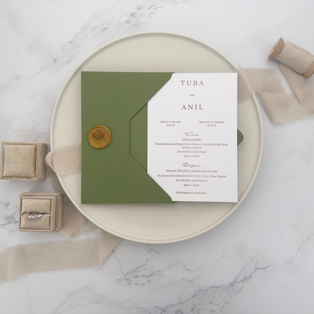 Letterpress Wedding Invitation, Personalised Invitation Card, Green ...