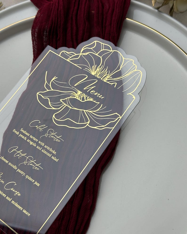 Clear Acrylic Wedding Menu Gold Foil Floral Reception Dinner Menu Card ...