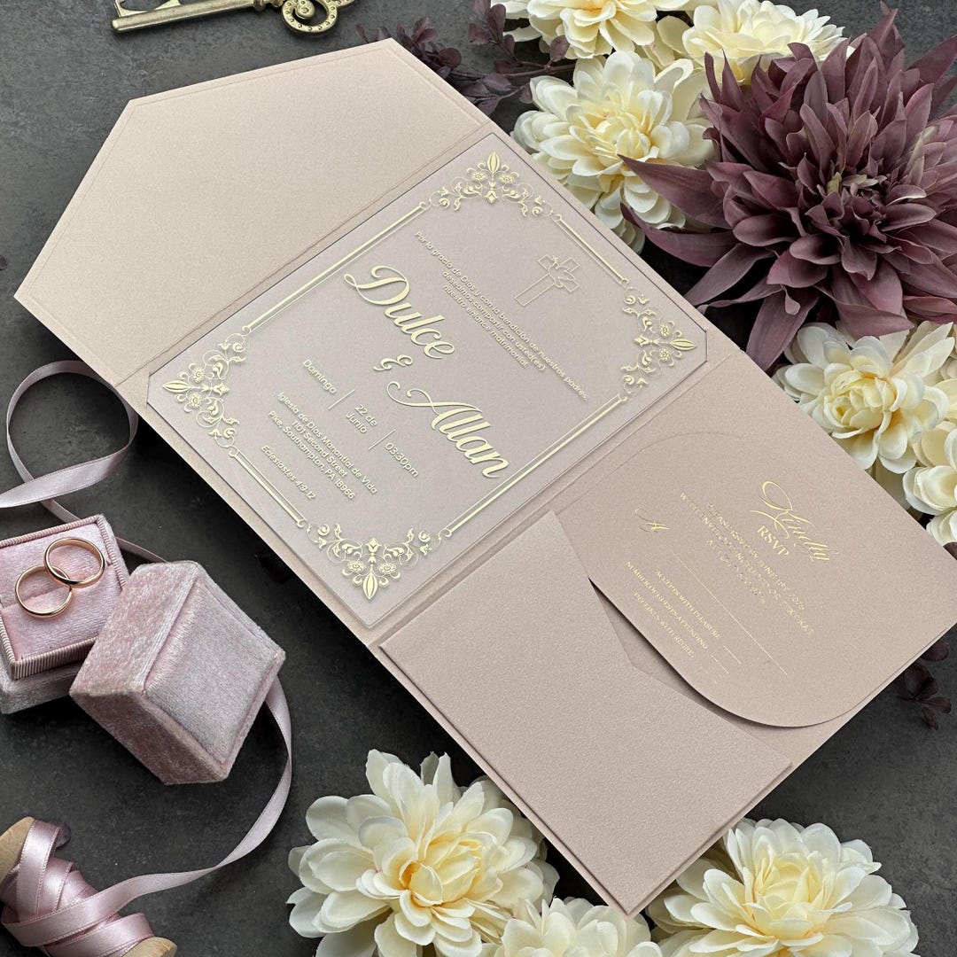 Champagne Colored Pocketfold Wedding Envelope and Gold Foil Print Clear ...