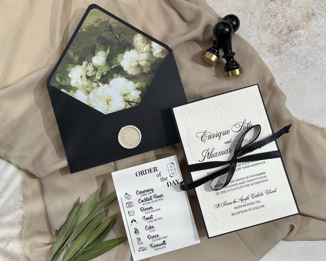 Black Mailable Wedding Invitation With Embroidered Ribbon Trim and ...