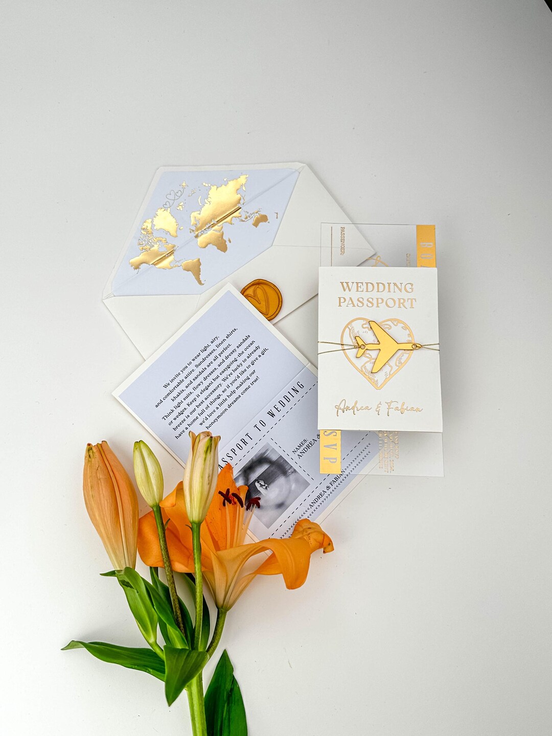 White Gold Foil Heart Wedding Passport Invitation With Matching ...