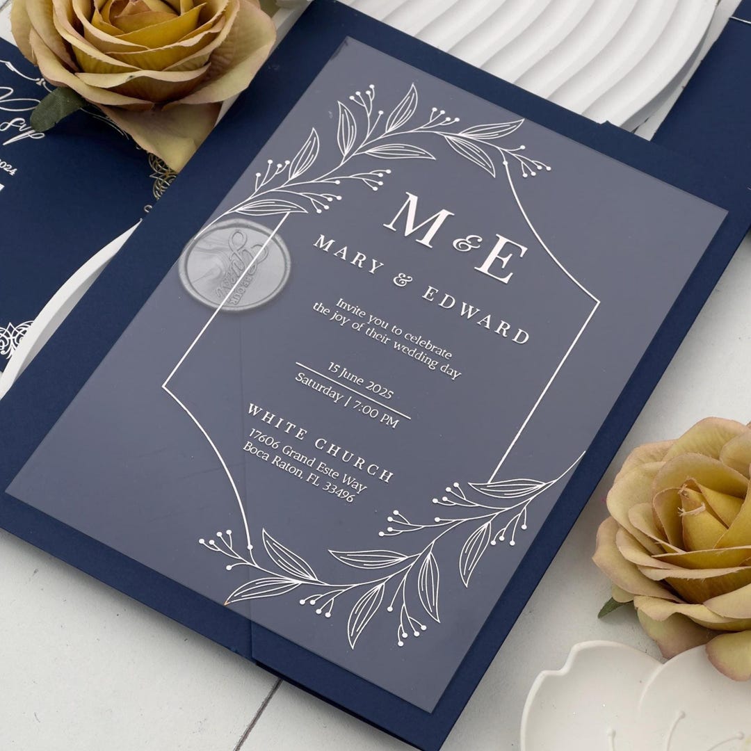Royal Blue Acrylic Wedding Invitation: Silver Foil, Dried Flowers - Etsy