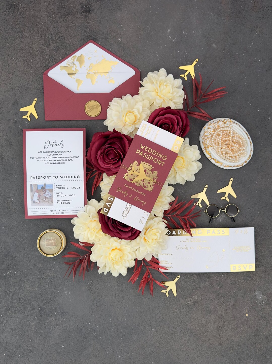 Gold Foil Details Netherlands Passport Wedding Invitation, Burgundy and ...