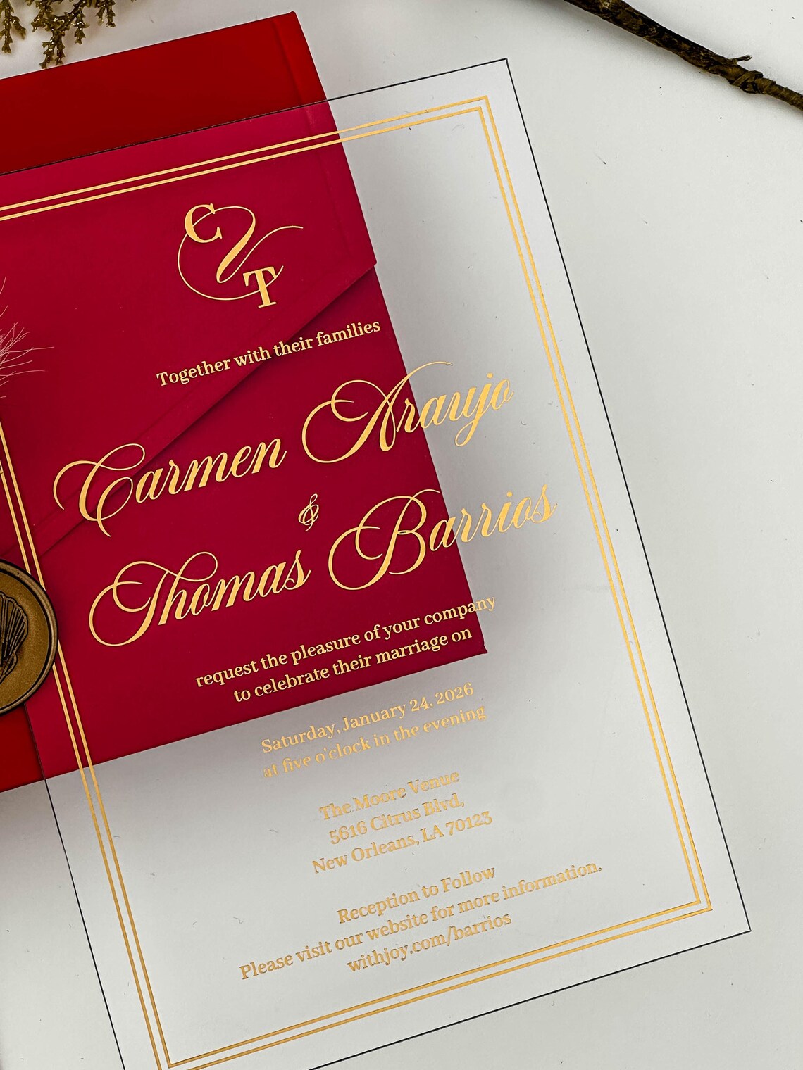 Acrylic Invitation Customized With Gold Touches on Red Pocket ...