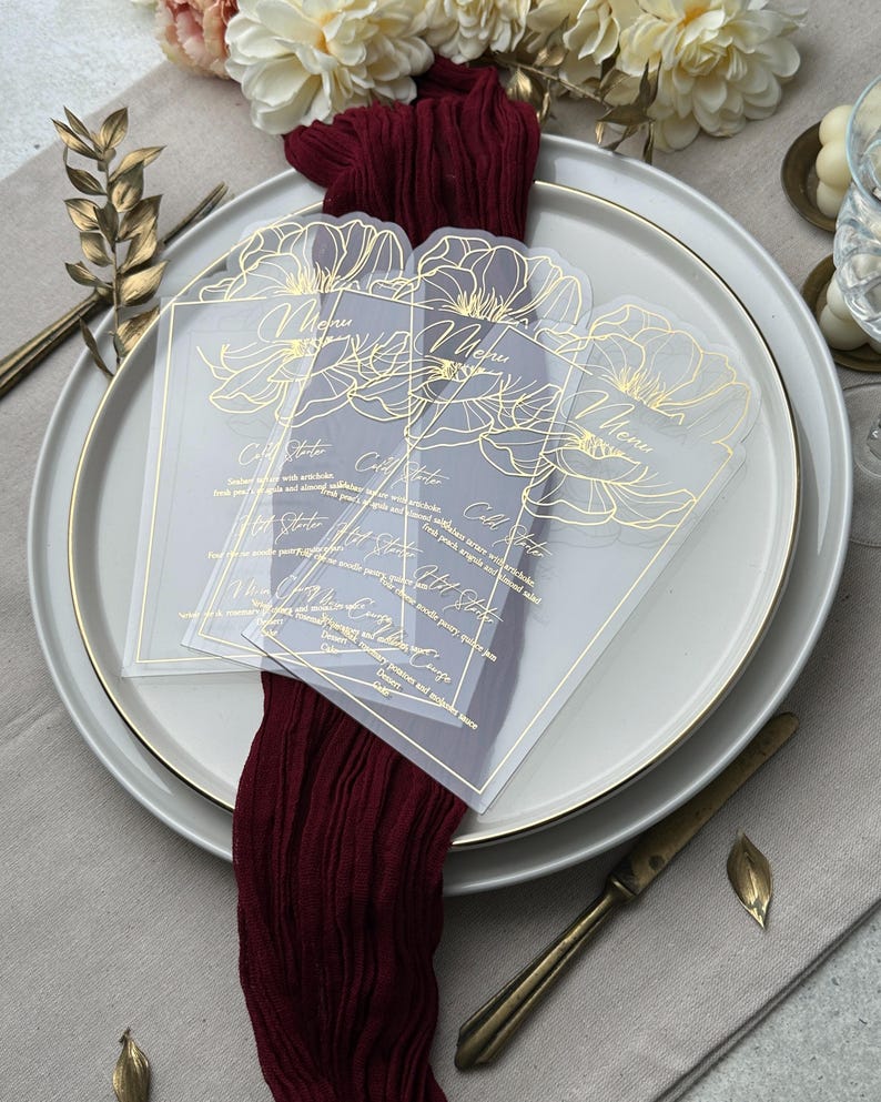 Clear Acrylic Wedding Menu Gold Foil Floral Reception Dinner Menu Card ...