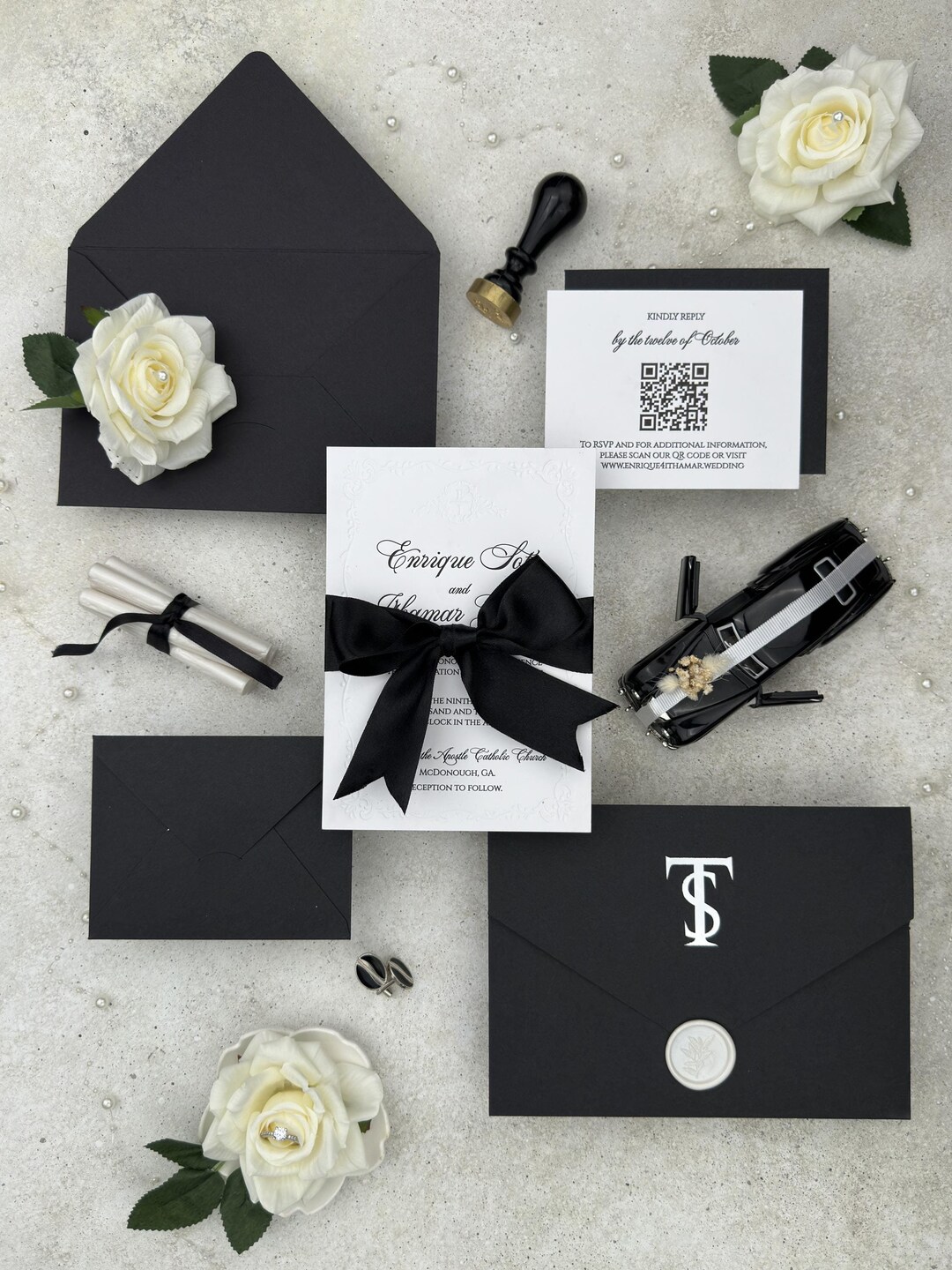 Black Bold Wedding Invitation With Recessed Print, Recessed Floral ...