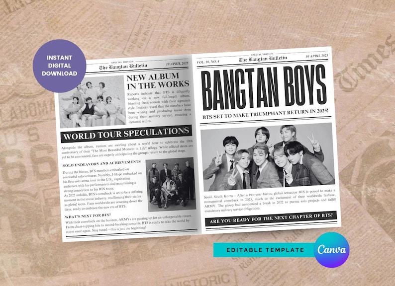 Editable BTS Birthday Newspaper Template, K-pop Gift (digital Download ...