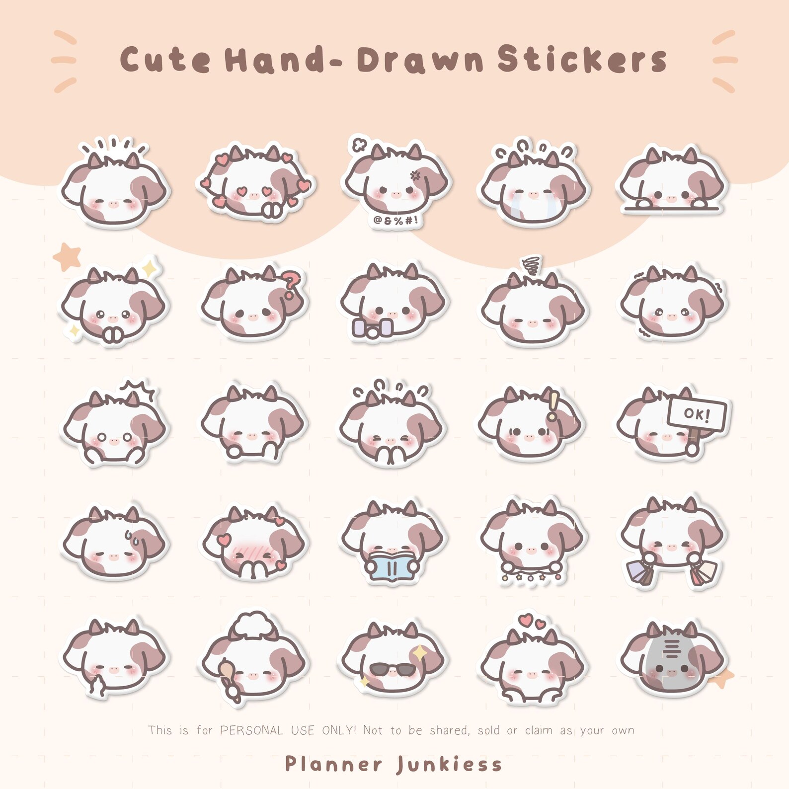 Cute Cow Mood Digital Planner Stickers | Cow Emotes Printable Stickers ...