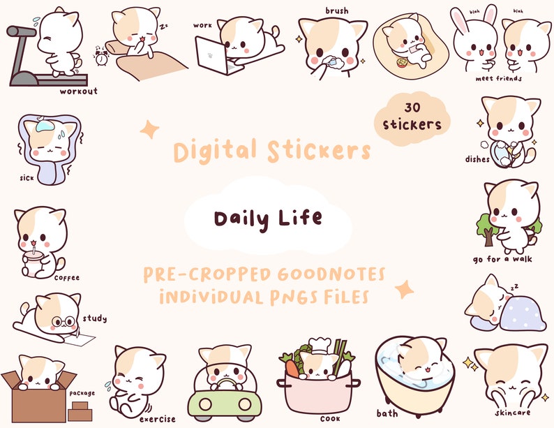 Kawaii Daily Life Digital Planner Stickers | Everyday Digital Stickers ...
