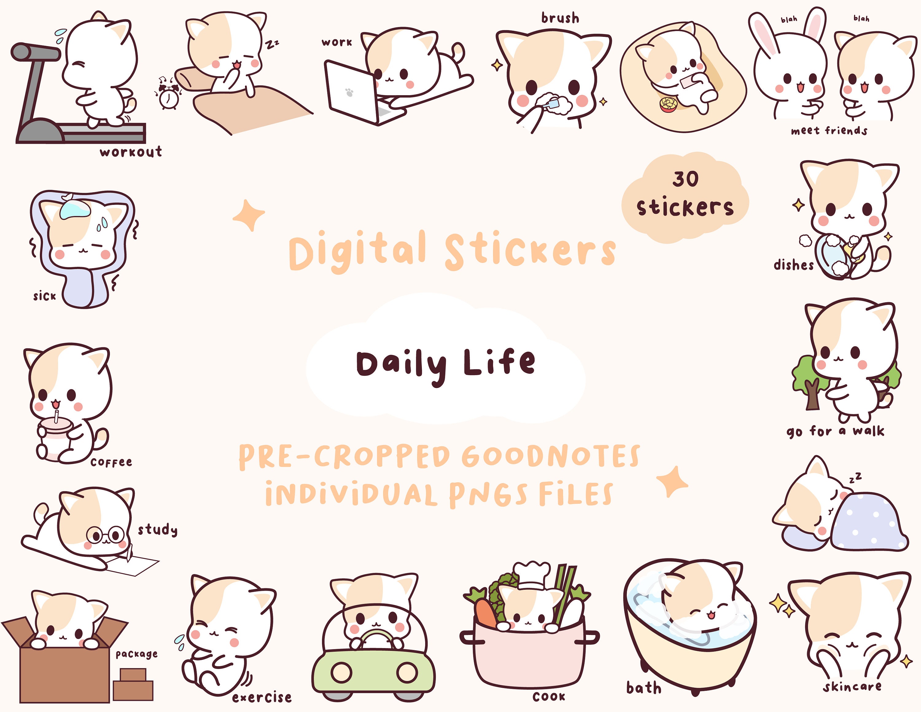 Kawaii Daily Life Digital Planner Stickers Everyday Digital Stickers ...
