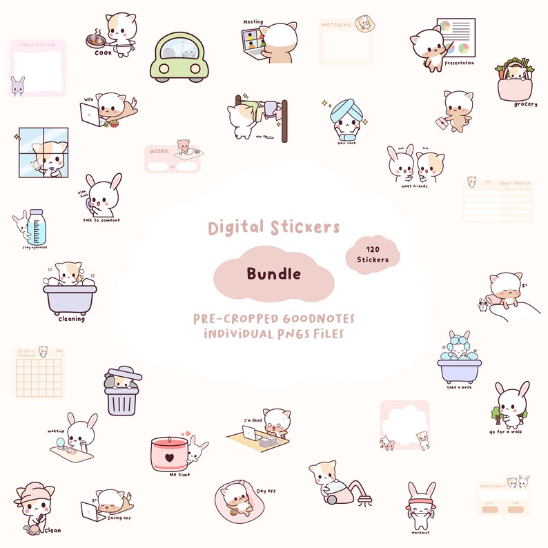 Cute Digital Stickers Daily Chores Self Care Pamper Office Work Digital ...