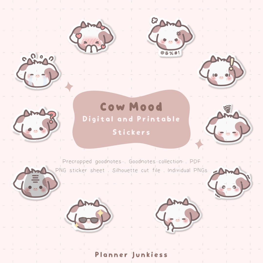 Cute Cow Mood Digital Planner Stickers | Cow Emotes Printable Stickers ...