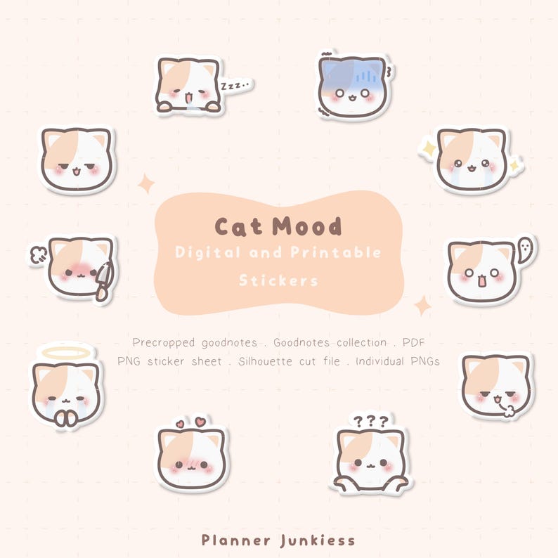Cute Cat Mood Digital Planner Stickers | Cat Mood Printable Stickers ...