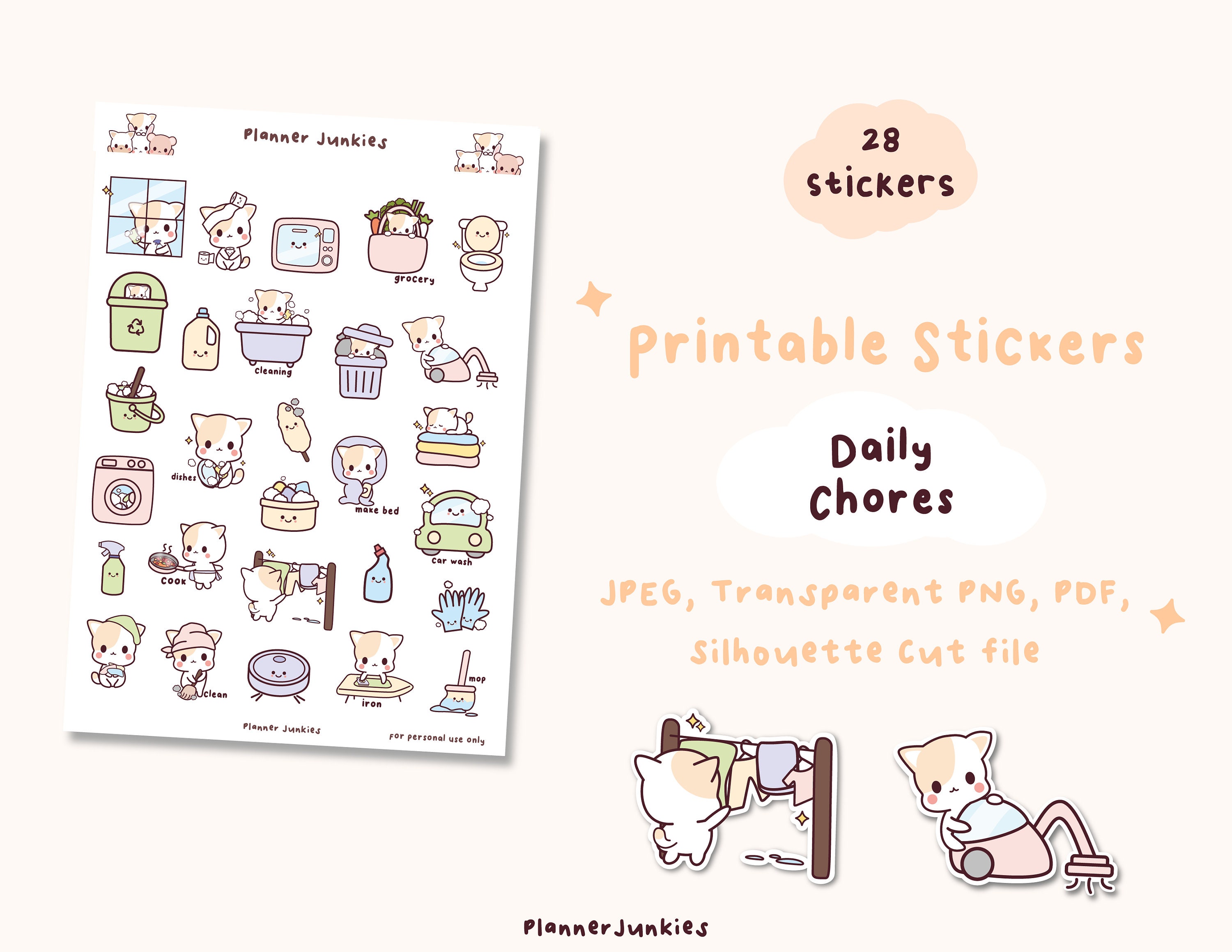 Kawaii Daily Chores Printable Stickers | House Chores Printable Planner ...