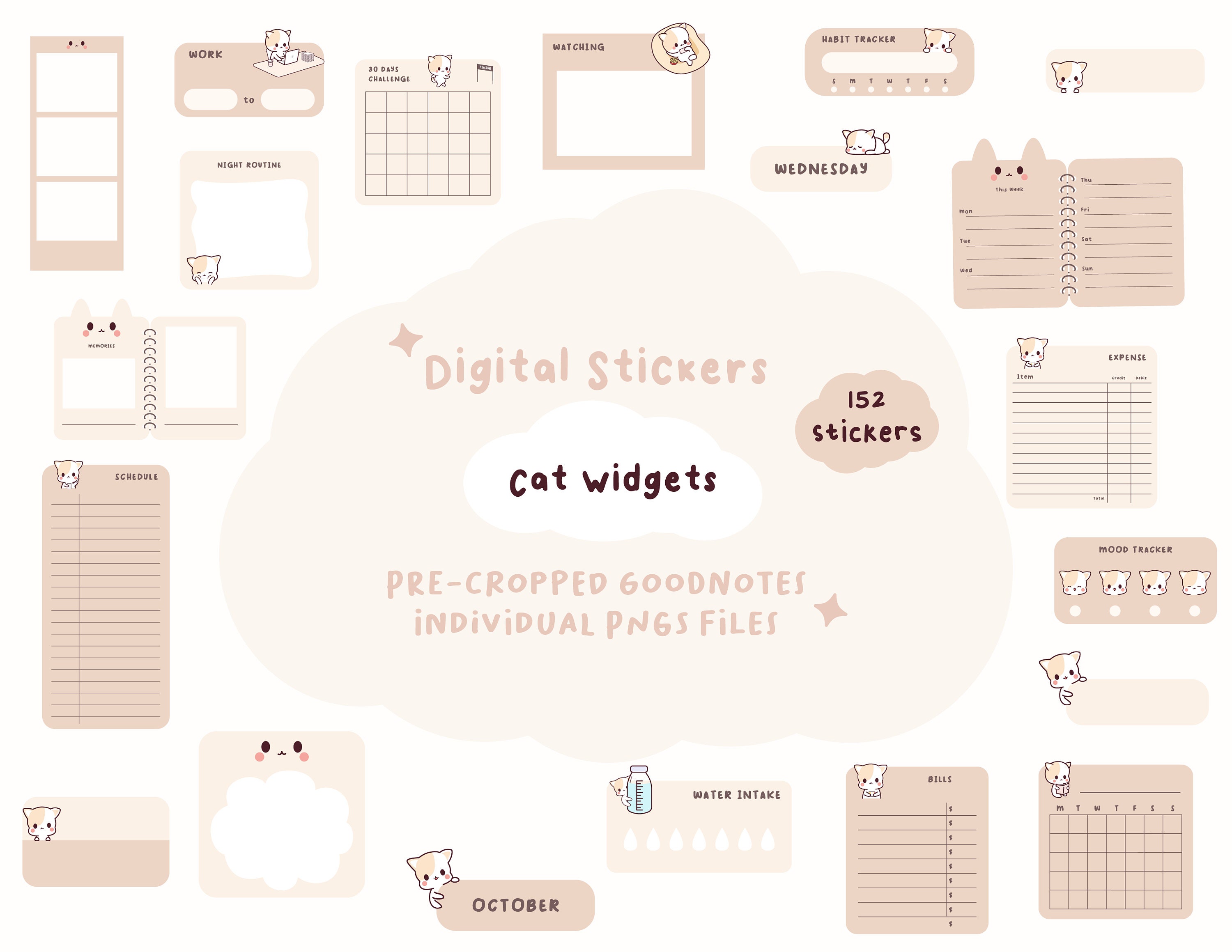 Kawaii Cat Digital Widgets Cute Digital Sticky Notes Digital Planner ...