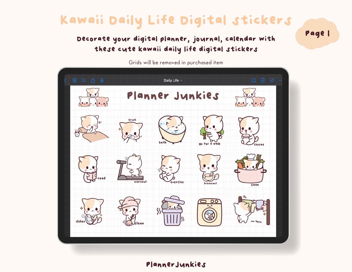 Kawaii Daily Life Digital Planner Stickers | Everyday Digital Stickers ...