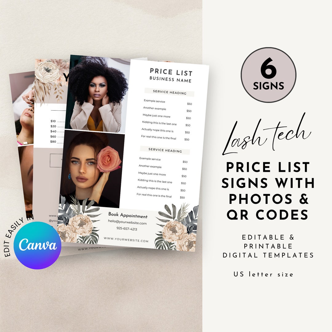QR Code Integrated Price List Templates for Lash Techs, Pricing Poster ...