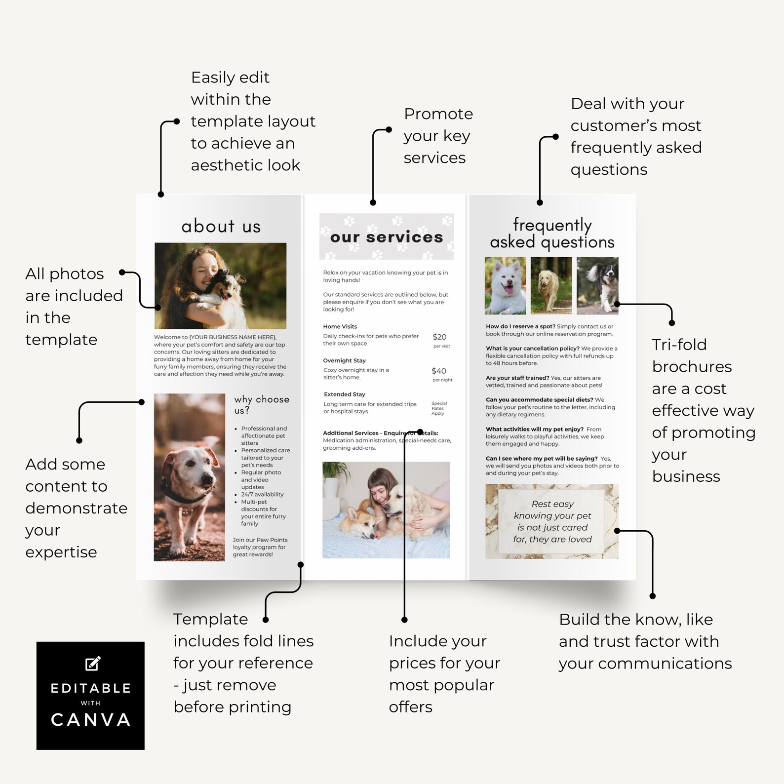 Pet Sitting Service Tri Fold Pamphlet Canva Template, Flyer Editable ...