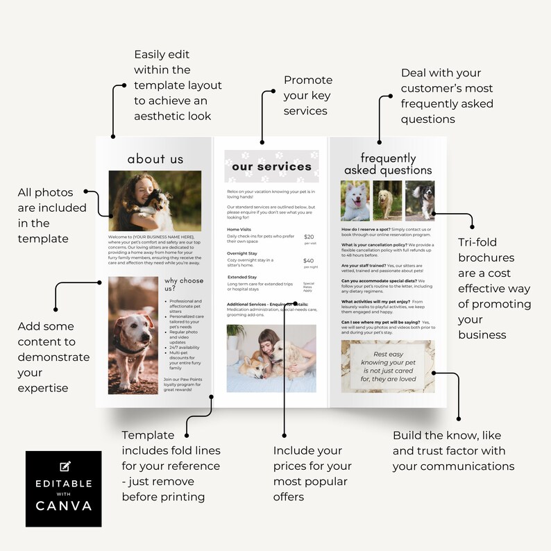 Pet Sitting Service Tri Fold Pamphlet Canva Template, Flyer Editable ...