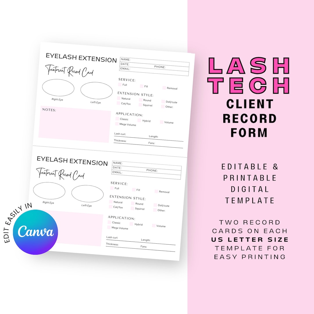 Eyelash Extension Client Record Card Canva Template Customer - Etsy