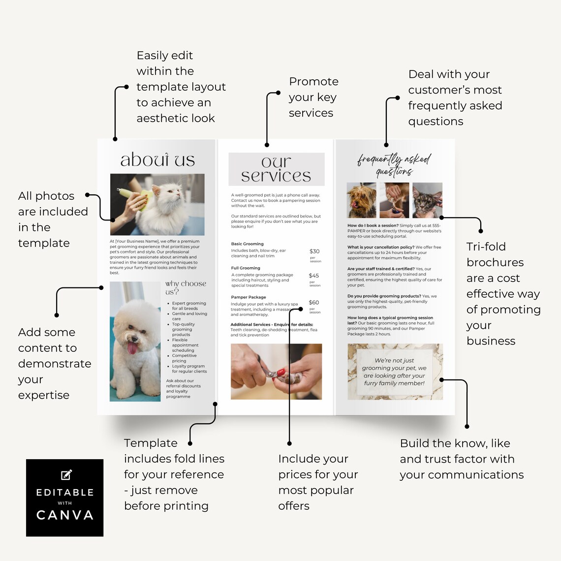 Pet Grooming Business Tri Fold Leaflet Canva Template, Flyer Editable ...