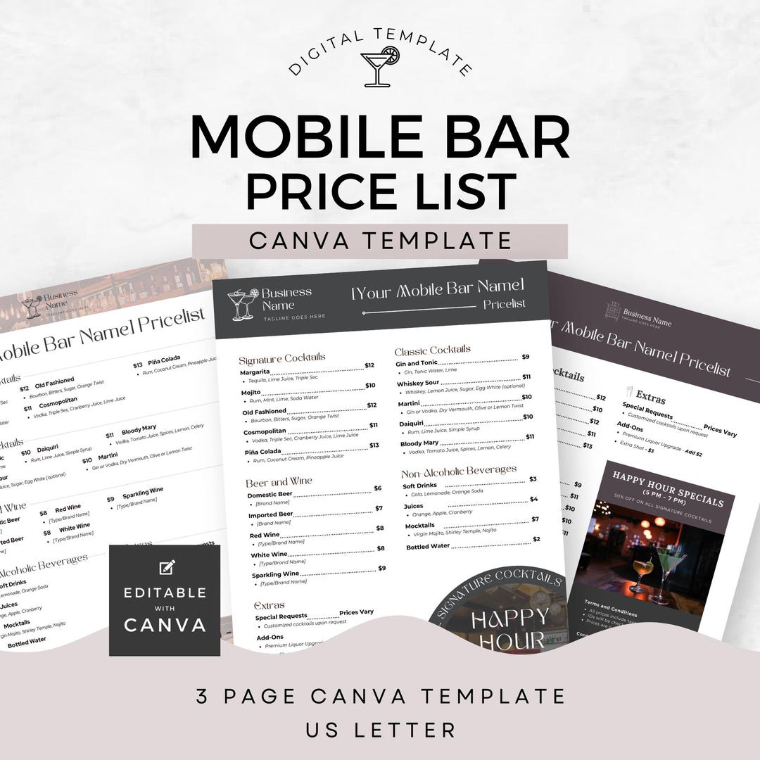 Mobile Bar Price List Flyer Bartender Leaflet Canva Template Event ...