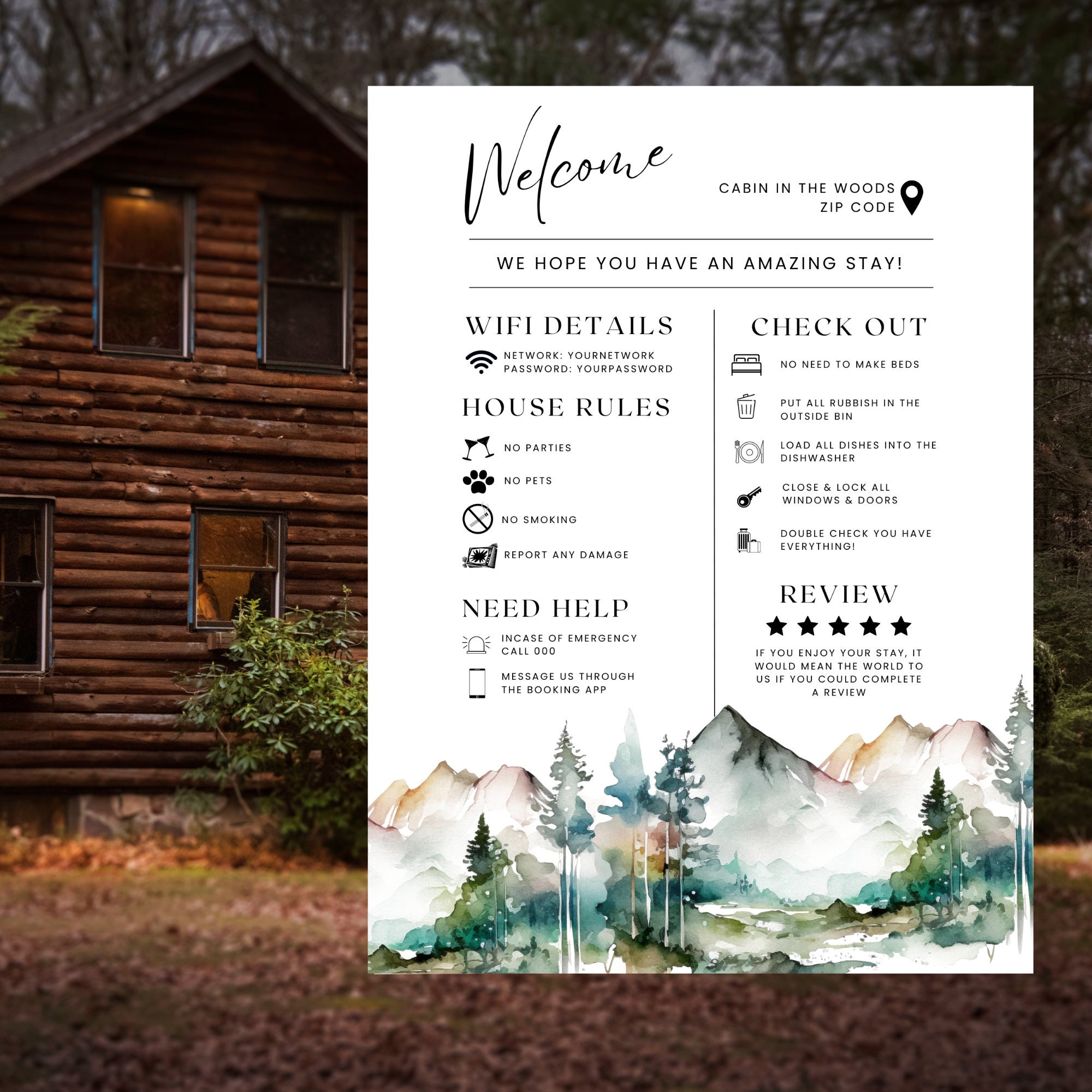 Airbnb Cabin Welcome Sign Canva Template, Short Term Rental Signage ...