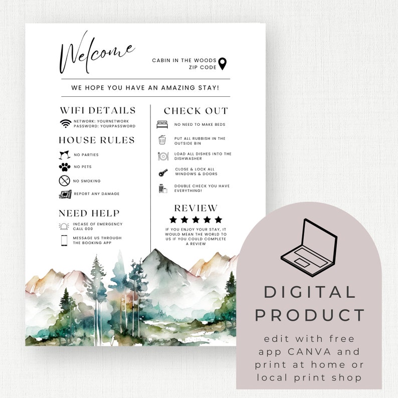 Airbnb Cabin Welcome Sign Canva Template, Short Term Rental Signage ...