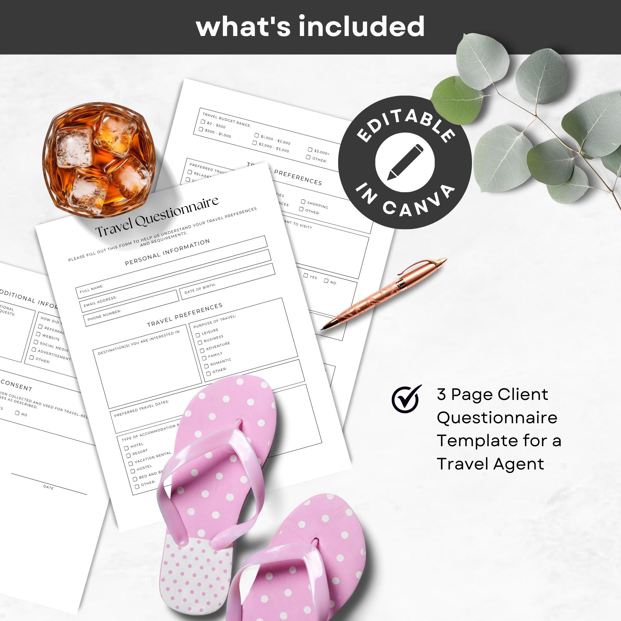 Travel Agency Client Questionnaire New Client Intake Form Vacation ...