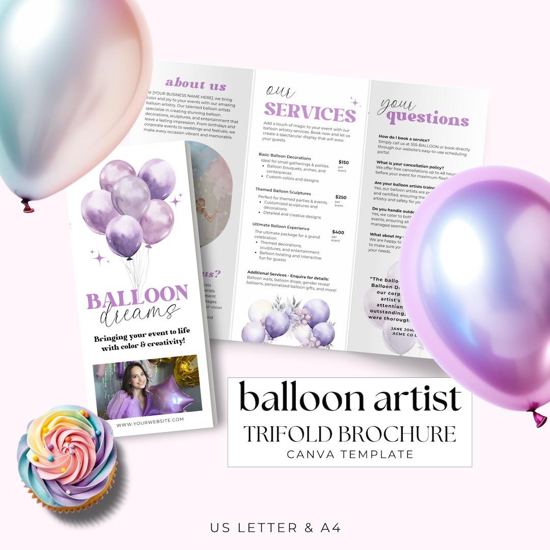 Balloon Artist Trifold Template Lealflet Canva Pamphlet Editable Tri ...