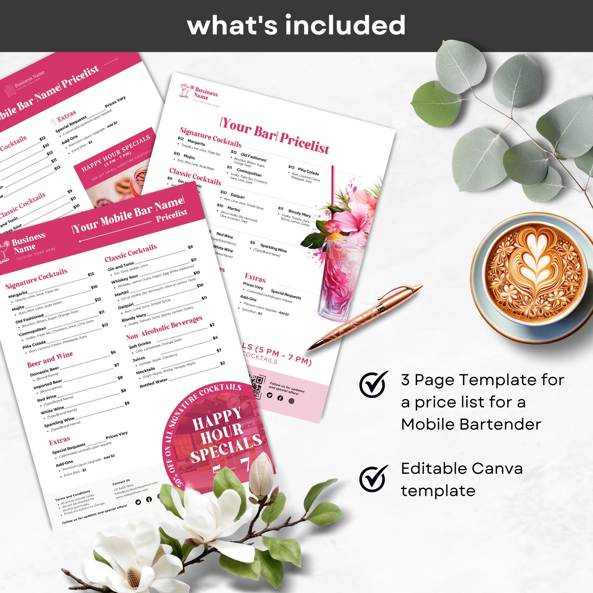Mobile Bar Menu Bundle Price List Flyer Bartender Leaflet Canva ...