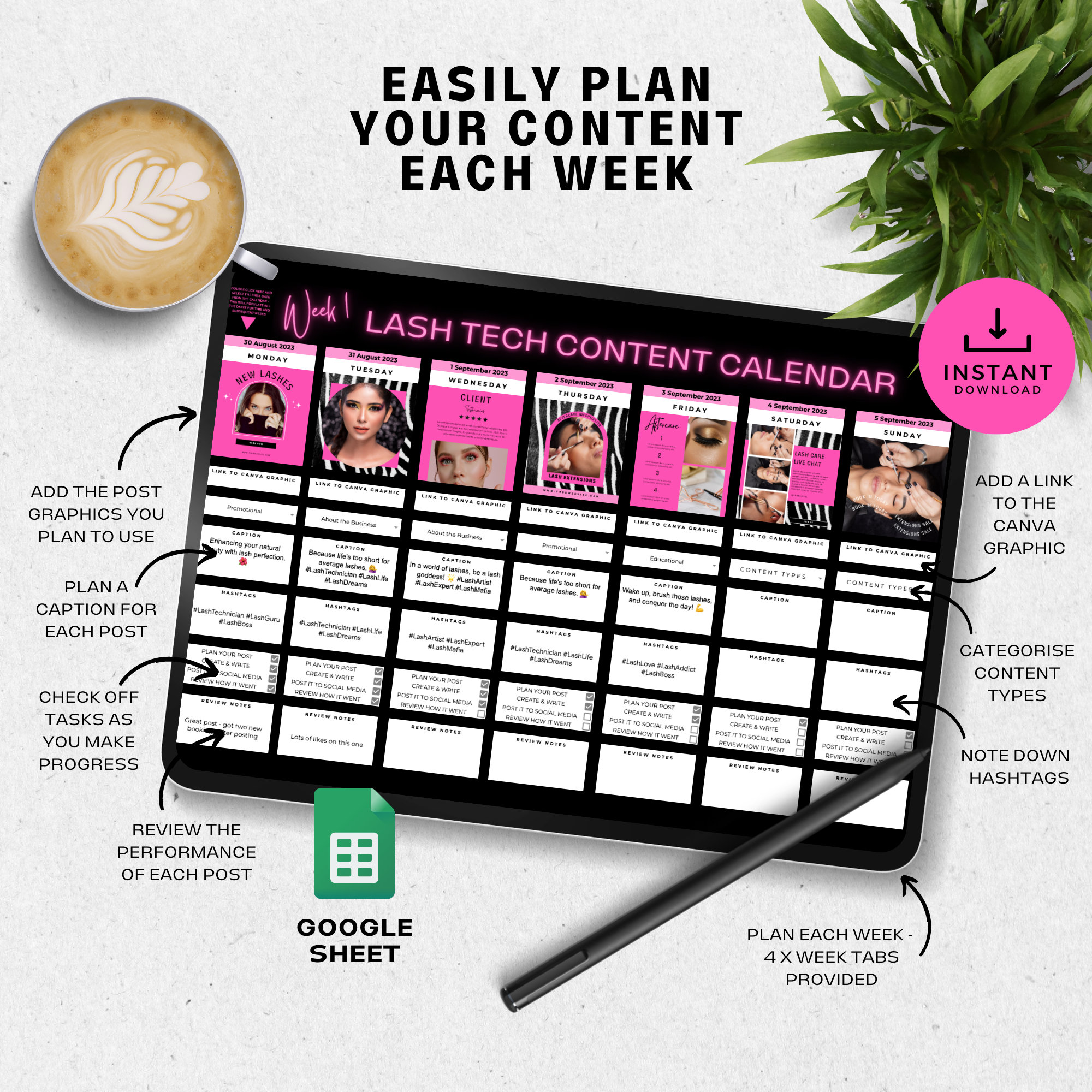 Content Planner for Lash Tech, Google Sheets Social Media Calendar Lash ...