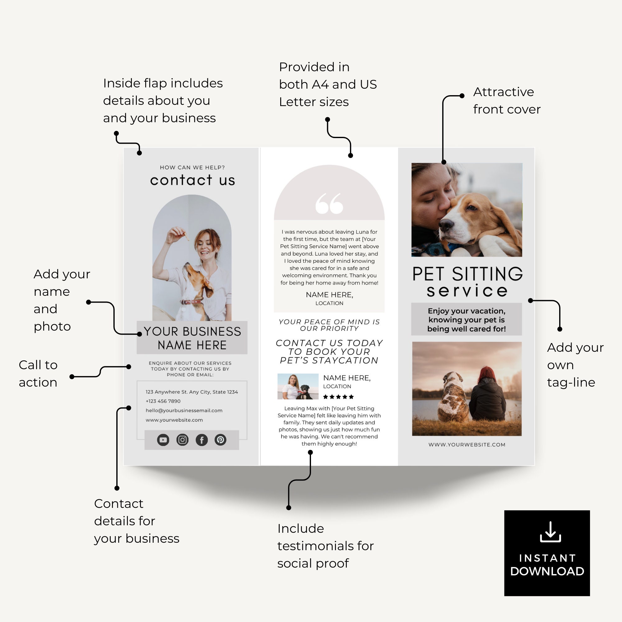 Pet Sitting Service Tri Fold Pamphlet Canva Template, Flyer Editable ...