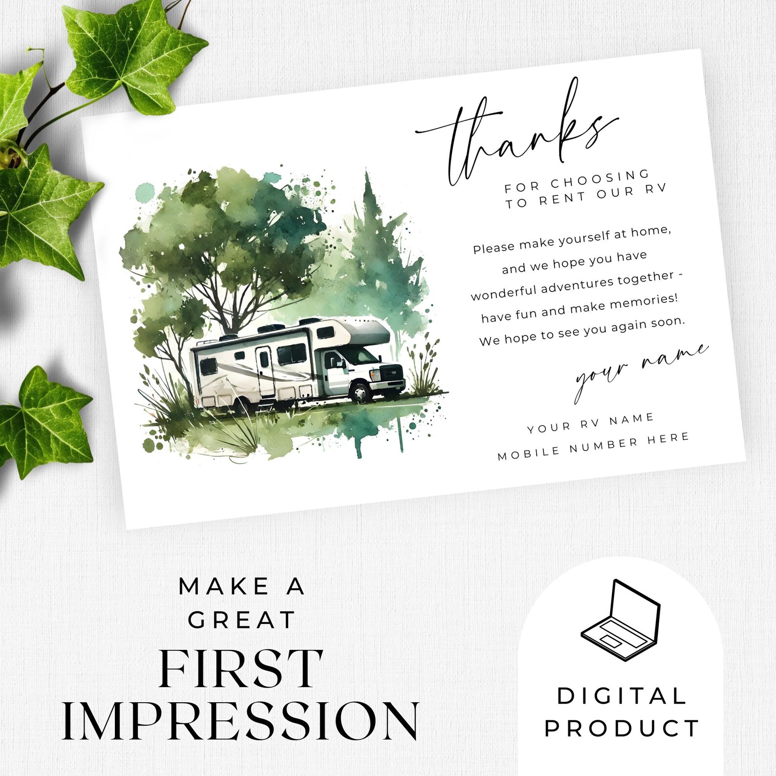 RV Rental Welcome Guest Card Bundle Motorhome Arrival Message Card ...