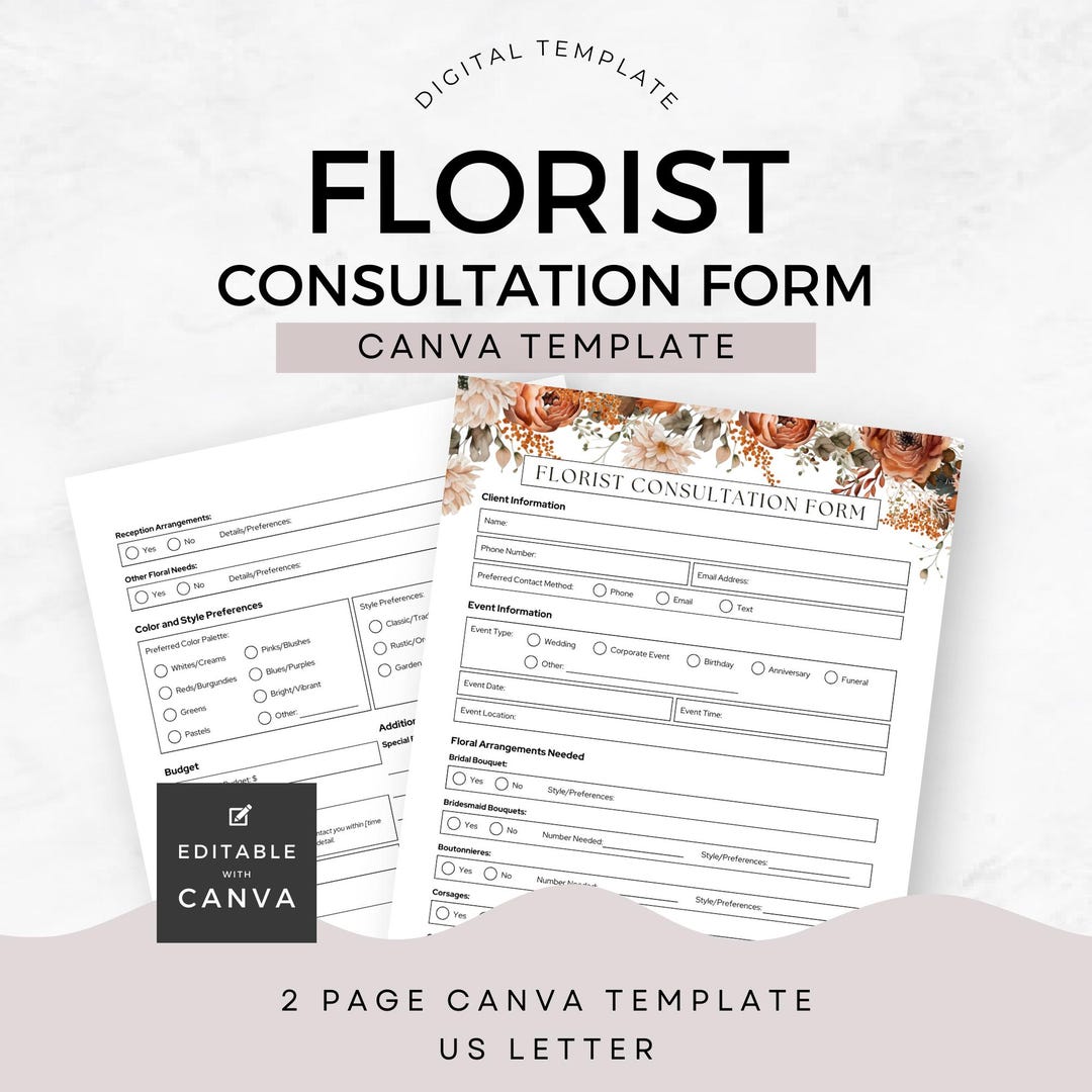 Florist Wedding Flowers Consultation Canva Template Order Forms for ...
