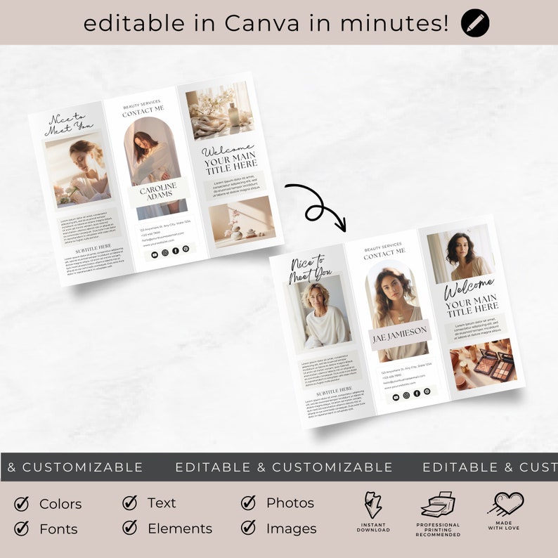 Canva Pamplet Template, Editable Trifold Brochure for Beauty Therapist ...