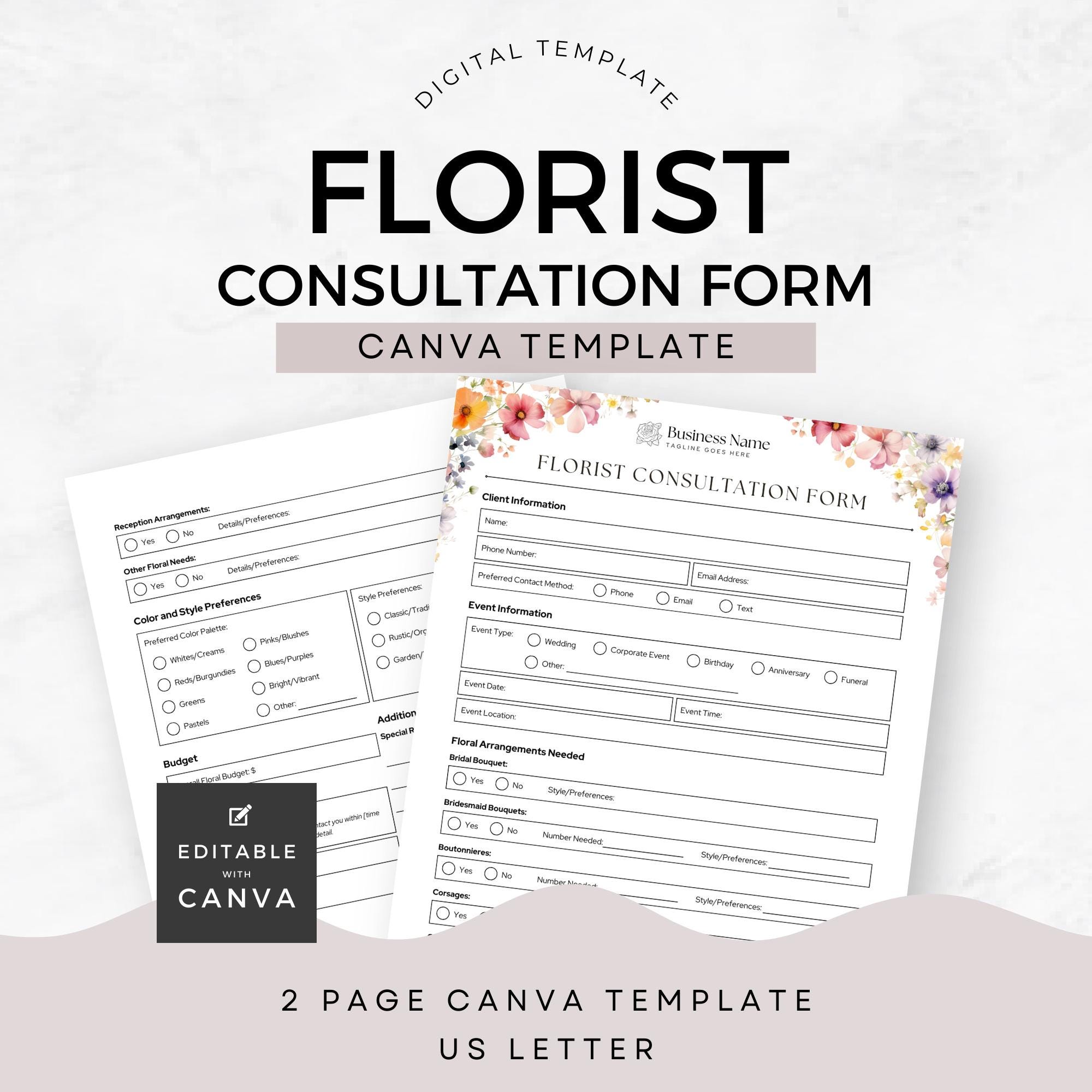 Florist Consultation Form Canva Template Wedding Flowers Booking Form ...