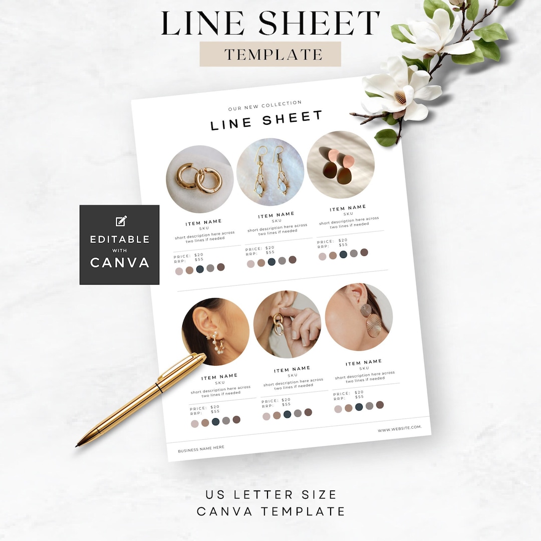 Line Sheet Template for Jewelry, Small Business Wholesale With Product ...