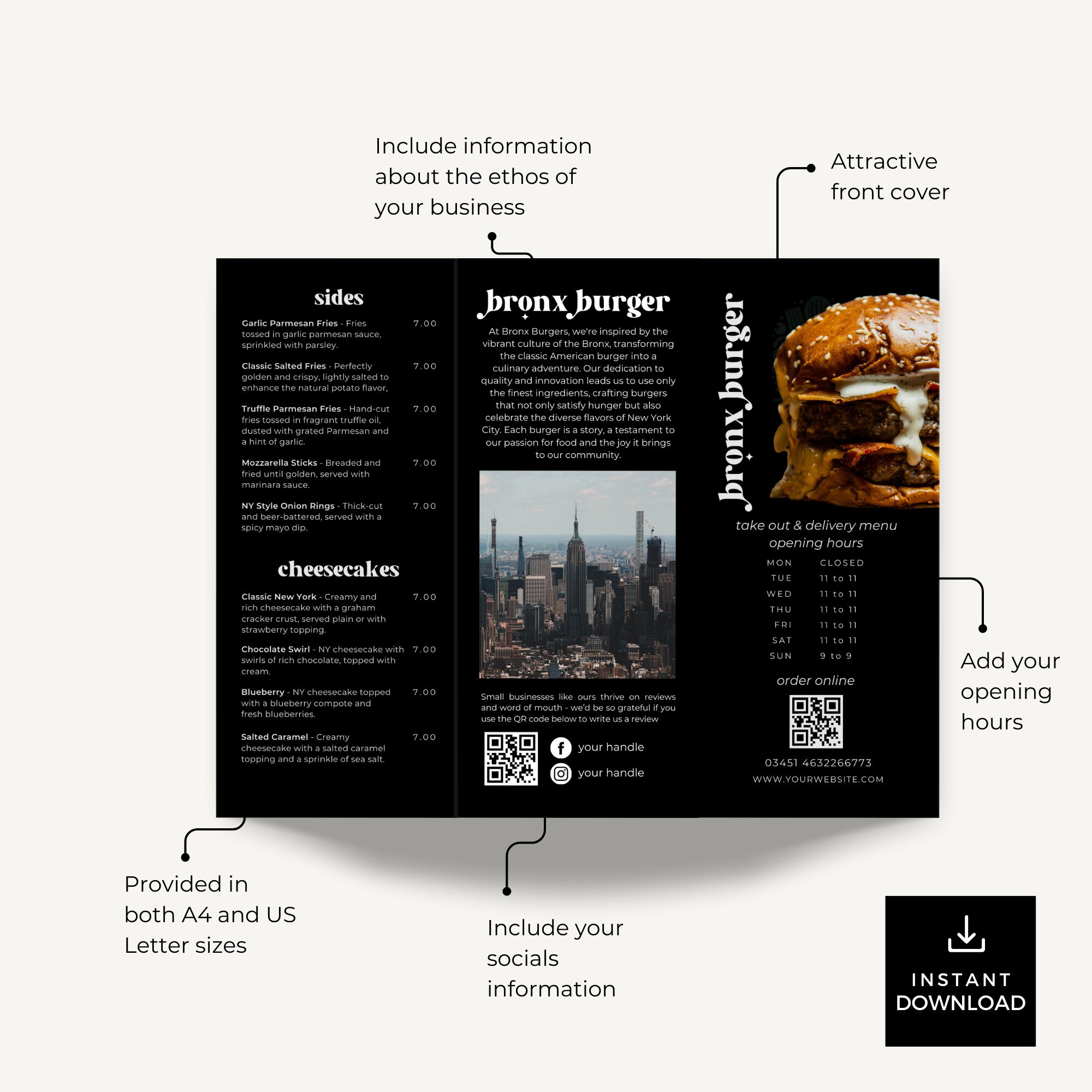 Plantilla de menú tríptico Restaurante Hamburguesa Comida para llevar ...