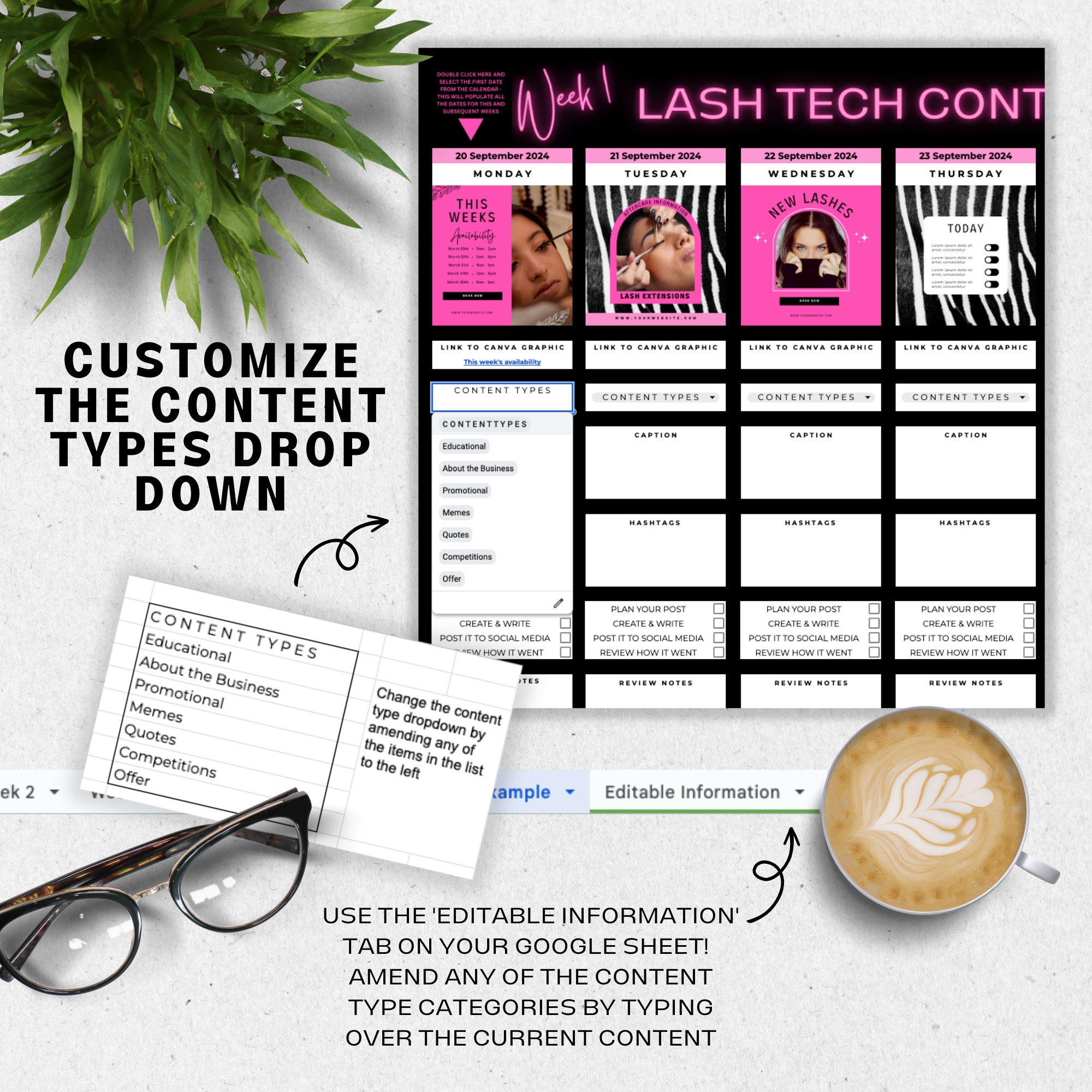 Content Planner for Lash Tech, Google Sheets Social Media Calendar Lash ...