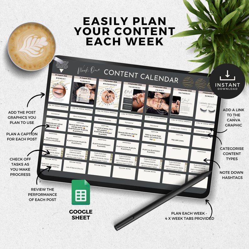 Lash Tech Social Media Content Planner, Google Sheets Insta Calendar ...