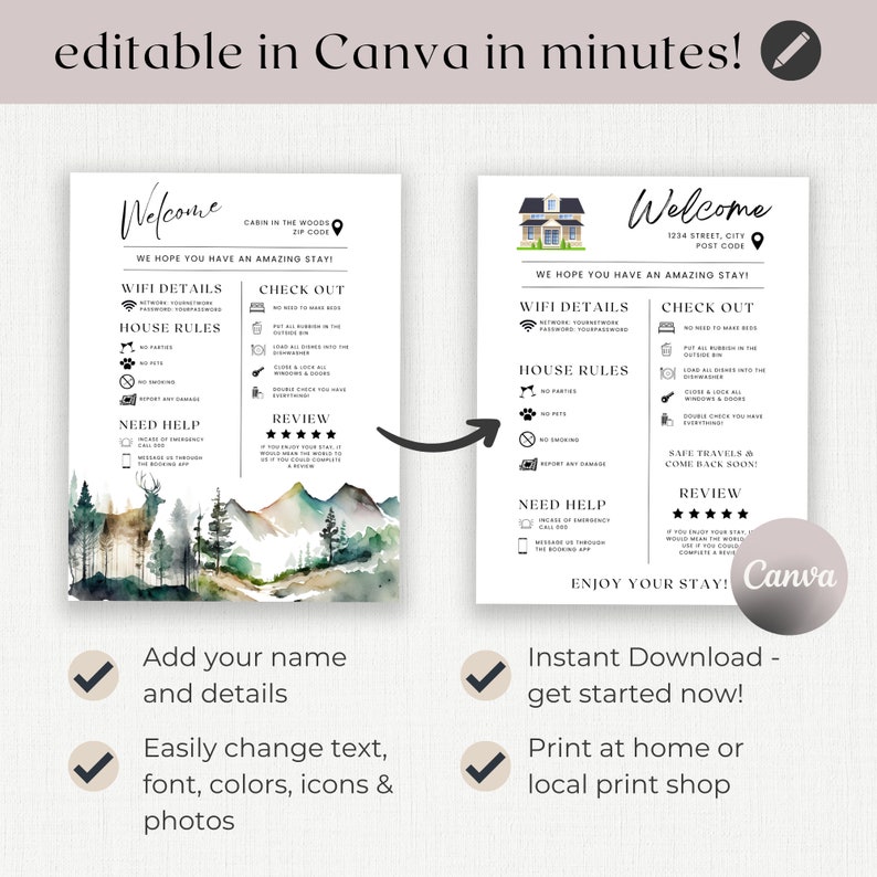 Airbnb Cabin Welcome Sign Canva Template, Short Term Rental Signage ...