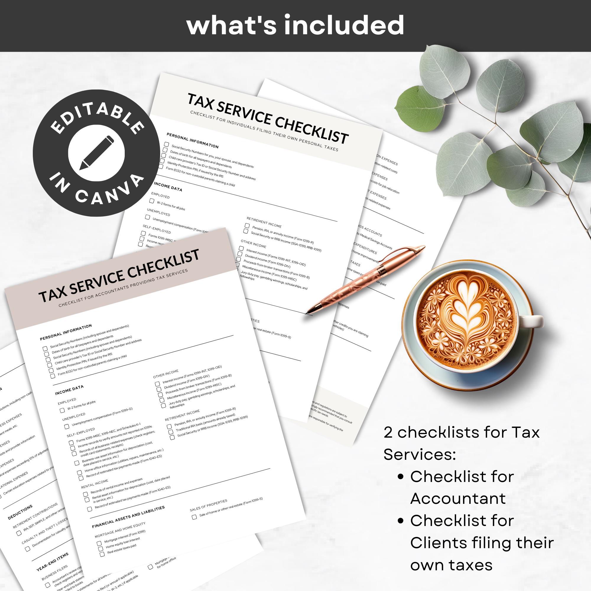 Tax Service Checklist Canva Template Taxes Preparation US Letter ...