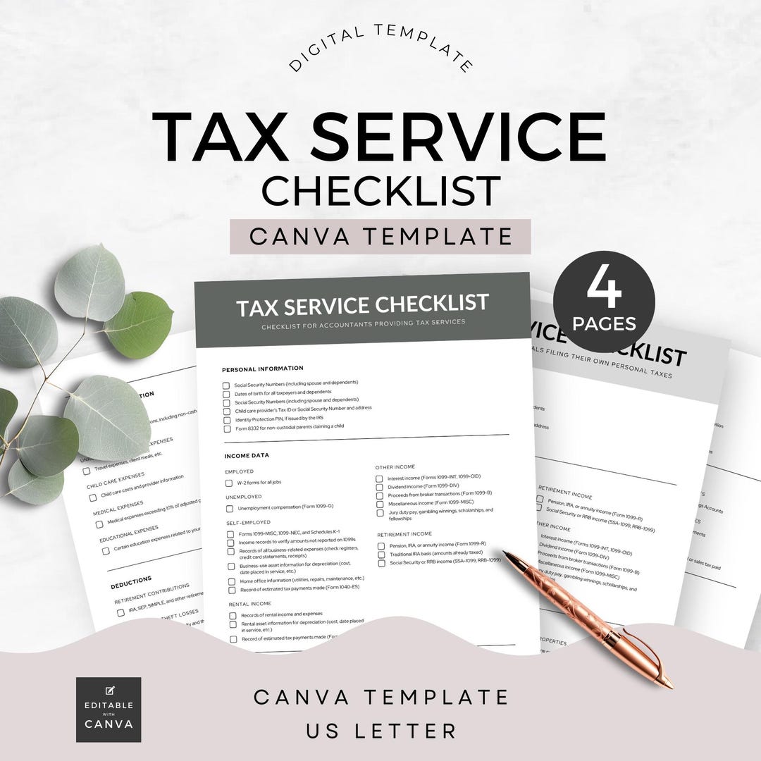 Editable Tax Service Checklist Canva Template Taxes Preparation US ...