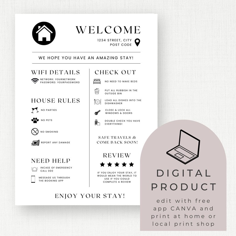 Airbnb Welcome Sign Canva Template Short Term Rental Signage Poster ...